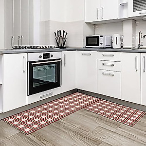 Miaklek Christmas Farmhouse Lattice Kitchen Mats for Floor Anti Fatigue Mats for Kitchen Floor Kitchen Rugs Cushioned Mats Non Slip Comfort Standing Kitchen Rugs Set of 2, Red and Green Plaid