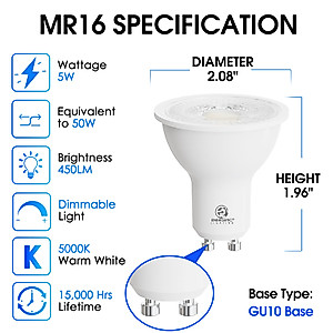 Energetic MR16 GU10 Bi-Pin Base LED Light Bulb, Dimmable 5000K Daylight 50W Halogen Replacement, 5W 120V 450LM CRI 80+, 40 Degree Beam Angle for Landscape, Recessed, Track Lighting, 6Pack