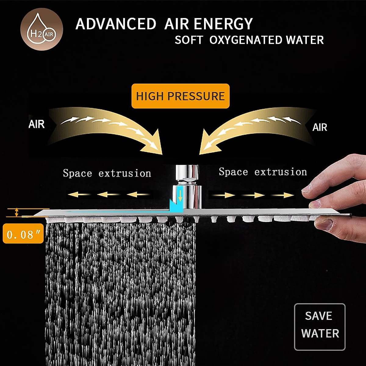 BESy 12 Inch Rain Shower Head, 12" Square Rainfall & High Pressure Stainless Steel Bath Showerhead, 20 Inches Straight Extended Shower Arm With Flange, Rain Shower Head Extension Arm Brushed NIckel