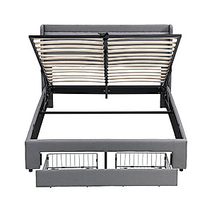 Queen Size Upholstered Platform Bed with Lift Up Hydraulic Storage System, Linen Upholstered Storage Platform Bed Frame with 2 Drawers for Bedrooms Guest Rooms, Sturdy Slats Support (Grey-US)