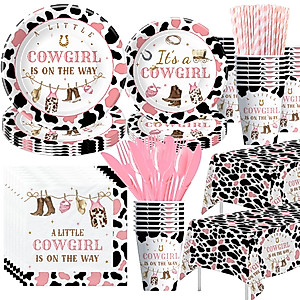 Xigejob Western Cowgirl Baby Shower Decorations Party Tableware - Little Cowgirl Baby Girl Table Decorations, Plate, Cup, Napkin, Cutlery, Tablecloth, Wild West Rodeo Baby Shower Supplies | Serve 24