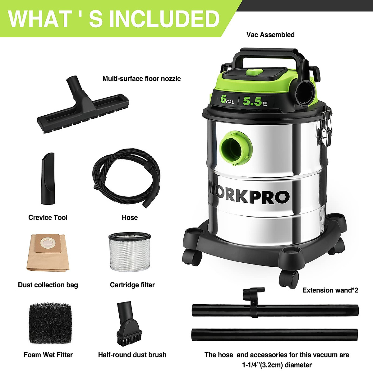 WORKPRO 6 Gallon Wet/Dry Shop Vacuum, 5.5 Peak HP Shop Vac Cleaner with HEPA Filter, Hose and Accessories for Home/Jobsite Dust Collection