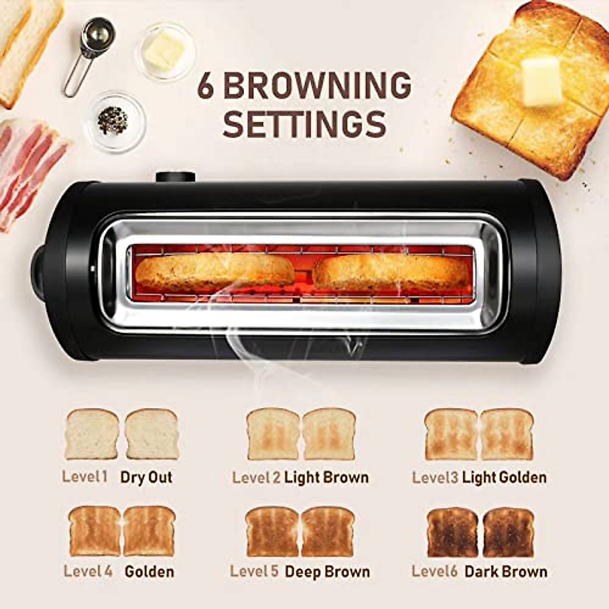 Long Slot Toaster, KETIAN 2 Slice 1.65'' Extra Wide Slot Stainless Steel Toaster Single Slot Slim Bread Toasters,Reheat Defrost Cancel Functions,6 Shade Settings,Removable Crumb Tray,Matte Black