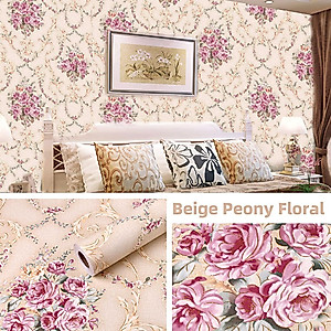 HOYOYO Self-Adhesive Shelf Liners Paper, Removable Self Adhesive Shelf Liner Dresser Drawer Wall Stickers Home Decoration, Beige Peony Floral 17.8 x 118 Inches