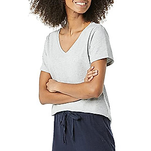 Amazon Essentials Women's Classic-Fit 100% Cotton Short-Sleeve V-Neck T-Shirt (Available in Plus Size), Pack of 2, Light Grey Heather/Bright Pink, Large