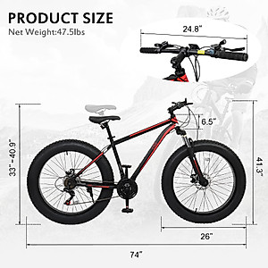 Ktaxon 26 Inch Bike Mountain Bike 4" Fat Tire Bike with 21-Speed Shifting System, Unmatched High-Carbon Steel Frame, Excellent Welding Technology, All Terrain Tires and 85% Assembled (Red&Black)