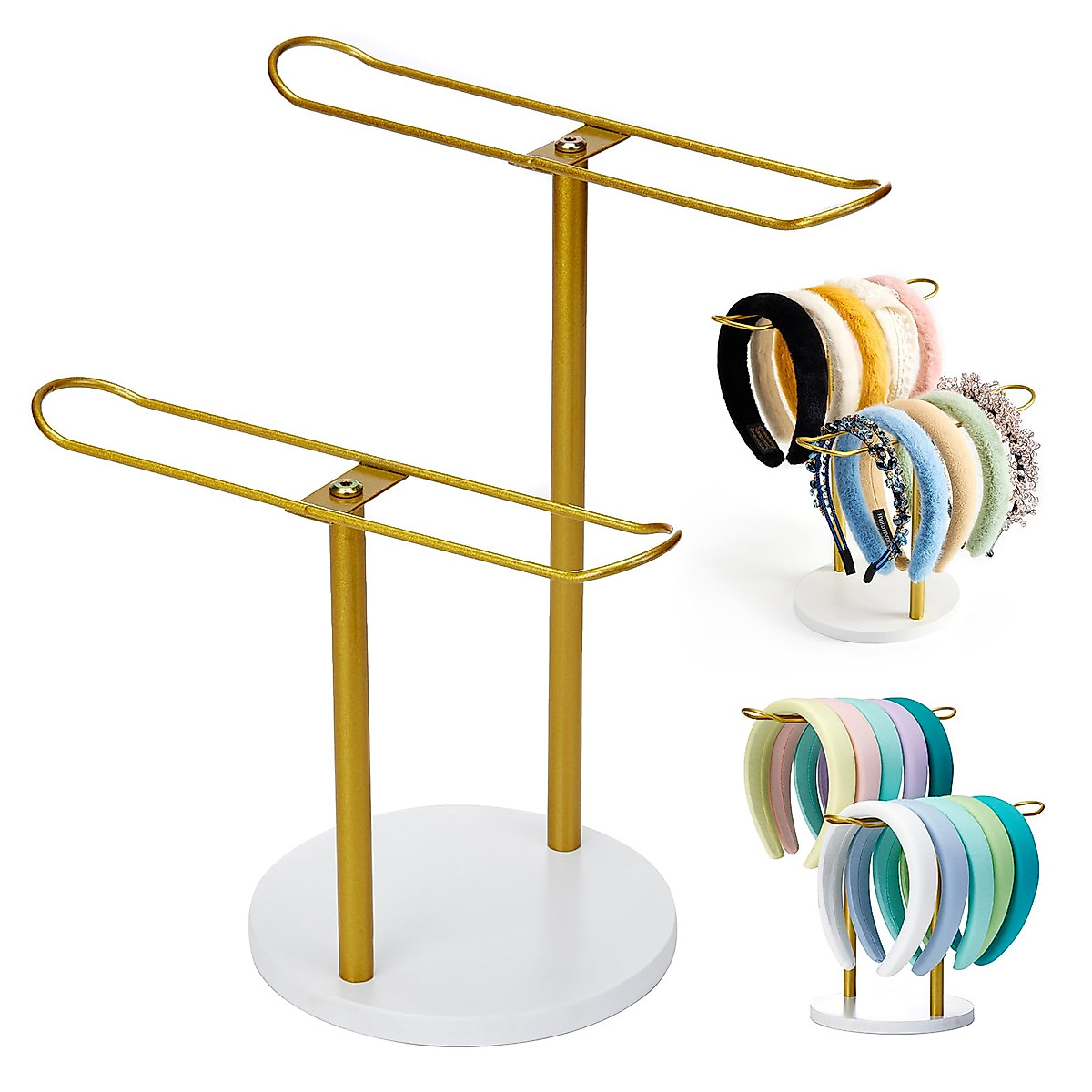 MoyRetty Headband Holder Organizer, 2-Tier Metal Hair Hoop Display Stand Headband Organizer Storage Hair Ropes Accessories Bracelets Bangles Bedroom College Dorm Decor for Girls Women, Gold