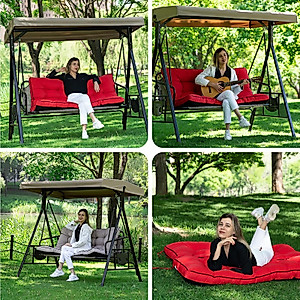 Outdoor Swing Cushions, 3 Seat Porch Swing Cushion Replacement with Backrest, Swing Cushions for Outdoor Furniture, for Patio,Backyard,Porch Garden Bench Cushion(Red 55 * 40 in)