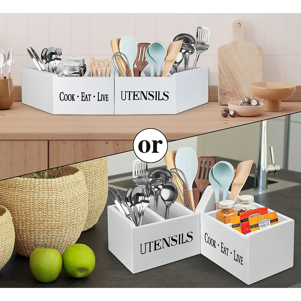 Utensil Holder for Kitchen Counter, Set of 2 Utensil Caddy Large Silverware Organizer for Spoons, Forks, Knives, Utensil Organizer with 6 Compartments for Kitchen, Countertop, Party, Camping