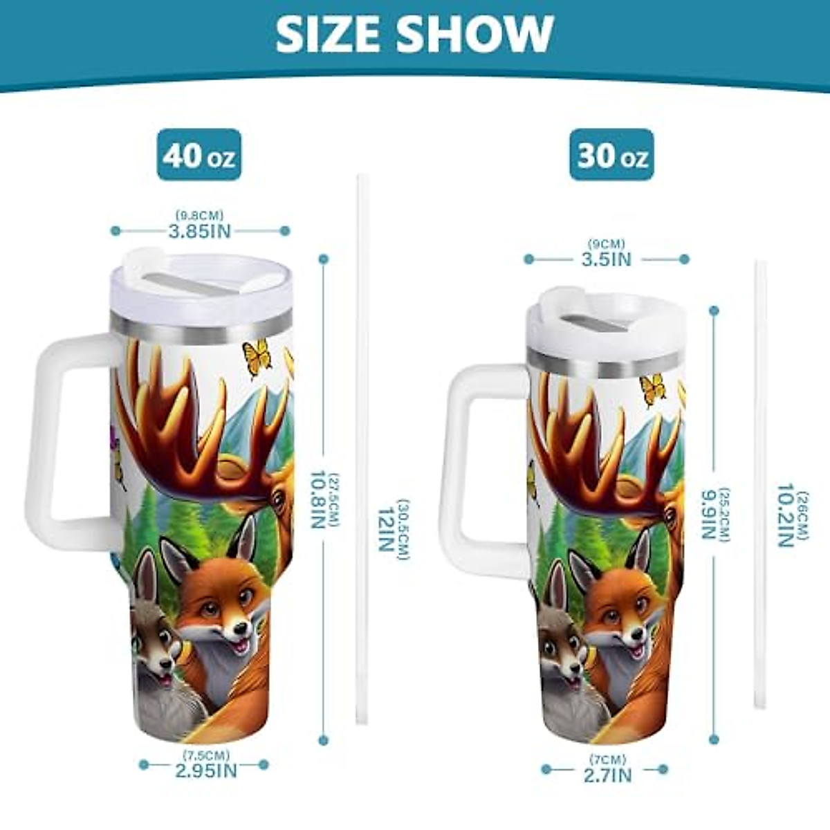 RPLIFE Animals Taking Selfie 40oz Tumbler with Handle, Stainless Steel Cups with Lid, Coffee Tumbler