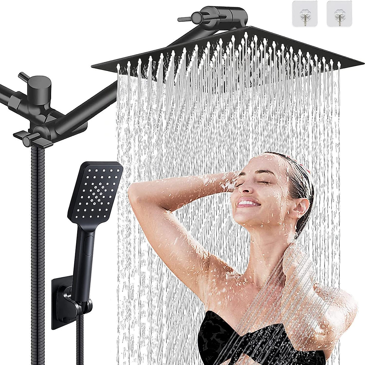 Shower Head, 10'' High Pressure Rainfall Shower Head with 3 Settings Handheld Shower Combo with 11''Extension Arm, Anti-leak Square Rain Shower Head with 78'' Hose/Holder(Matt Black Shower Heads)