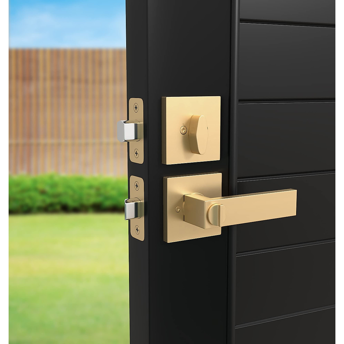 Mega Handles Entry Combo I Entry Lever Door Handle and Single Cylinder Deadbolt Lock and Key Combo Pack - Heavy Duty Square Locking Lever Set for Left or Right-Handed Doors - Satin Brass