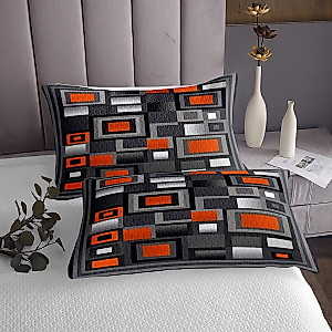Geometric Grid Bedspread Set Queen Size for Kids,Girls Orange White and Gray Quilt Set Modern Abstract Coverlet Geometric Square Splicing Bedspread 3 Pcs Decorative Bedding Quilted with 2 Pillow Shams