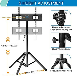 PERLESMITH Tripod TV Stand -Portable TV Stand for 37-80 Inch LED LCD OLED Flat Screen TVs-Height Adjustable Display Floor TV Stand with VESA 600x400mm, Holds up to 110lbs PSTM2