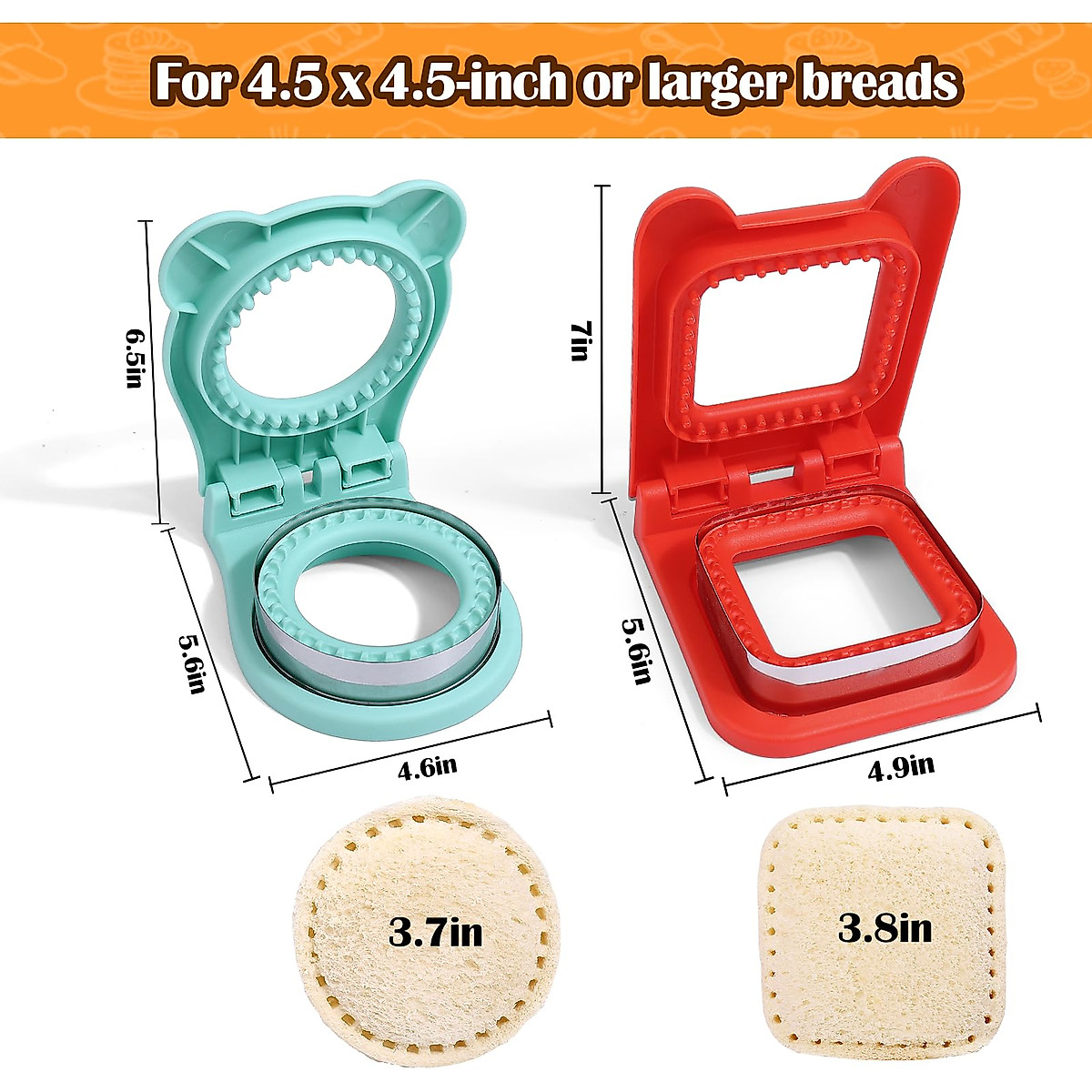 Vodolo Uncrustables Sandwich Maker,2PCS Sandwich Cutters for Kids Lunch,Crustless Breakfast Sandwich Cutter and Sealer Set Great for Children Boys Girls Lunchbox and Bento Box,Circle Square
