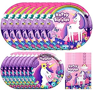 Treasures Gifted Rainbow Unicorn Birthday Party Supplies - Serves 24 Guests - Dinnerware Starter Set - Unicorn Party Supplies Including Unicorn Napkins & Unicorn Plates for Birthday Parties