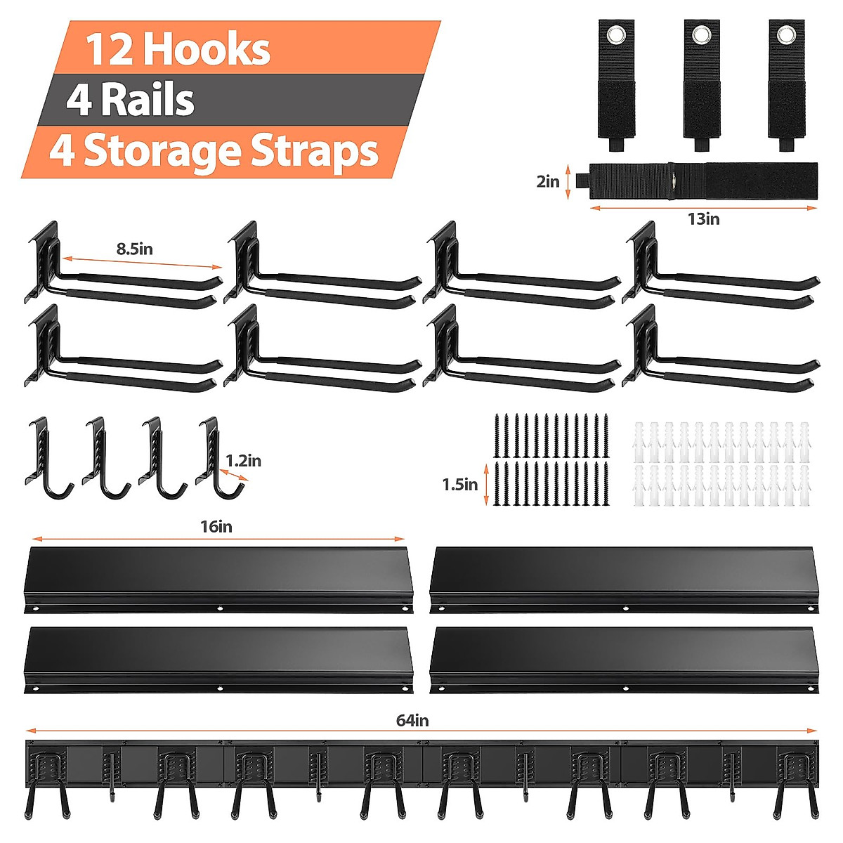 Waturis Garage Organizer Wall Mount, 64 Inch Garage Storage Organization, 20PCS Heavy Duty Garden Tool Organizer, Adjustable Tool Storage Rack Hooks, Yard Shed Tool Organizer, Hold Max 900 lbs
