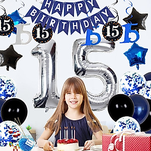 15th Birthday Decorations for Boys Girls Blue Birthday Decorations For Teenager Kids Party Supplies Including HAPPY BIRTHDAY Banner Balloons for Birthday Party Decor 15 Years Old Birthday Party
