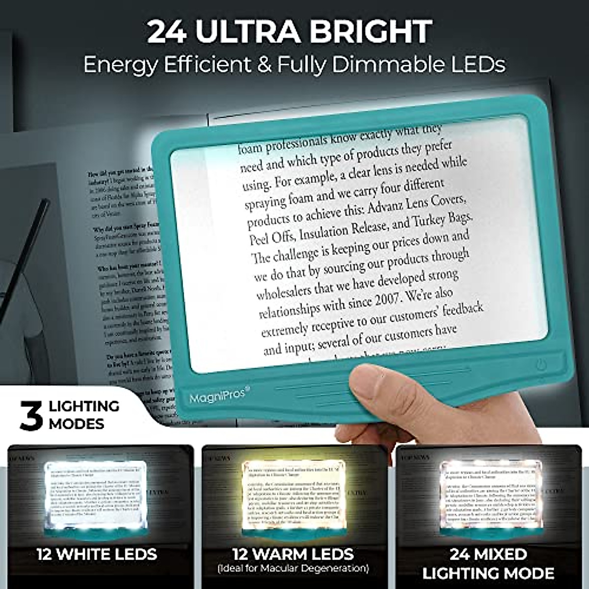 MagniPros 5X Large Ultra Bright LED Page Magnifier with Anti-Glare & Dimmable LEDs (3 Lighting Modes to Relieve Eye Strain)-Ideal for Reading Small Fonts & Low Vision Seniors with Aging Eyes