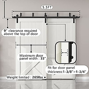 skysen 5.5FT Low Ceiling Heavy Duty Sliding Barn Door Hardware Double Track Bypass Double Door Kit Black(Bypass I Shape-2)