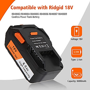 powerost 18V Lithium ion Battery: Replacement for Ridgid R840085 R840087 R840083 R840084 130254003 Octane Drill - Compatible with Ridgid 18 Volt Charger 6Ah 2 Pack