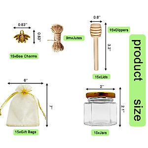 Mini Hexagonal Honey Jars - 2 oz 15 Pack Little Glass Honey Jar - Glass Honey Jars with Wooden Dippers, Bee Charms, Jutes and Gold Gift Bags - Honey Jars for Baby Shower, Wedding Party Favors