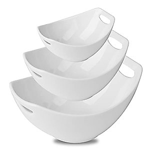 Gomakren Porcelain Serving Bowl Set with Handles Set of 3, Serving Dishes Salad Bowls Mixing Bowl Set for Entertaining, Nesting Bowl Set, Dishwasher Oven Safe White Serving Bowl Housewarming Gifts