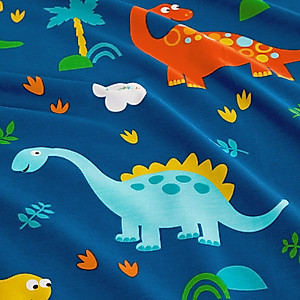 Wake In Cloud - Dinosaur Bed Sheets for Boys, 100% Cotton, 4-Piece Sheet Set Kids, Cute Jurassic Dinosaur Velociraptor Animal Pattern Printed Bedding, Deep Pocket, Navy, Full Size