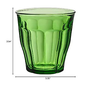 Duralex Made In France Picardie Glass Tumbler Drinking Glasses Set of 4. Size 8-3/8 oz, Mixed Colors: Plum, Green Marine Blue, Grey.
