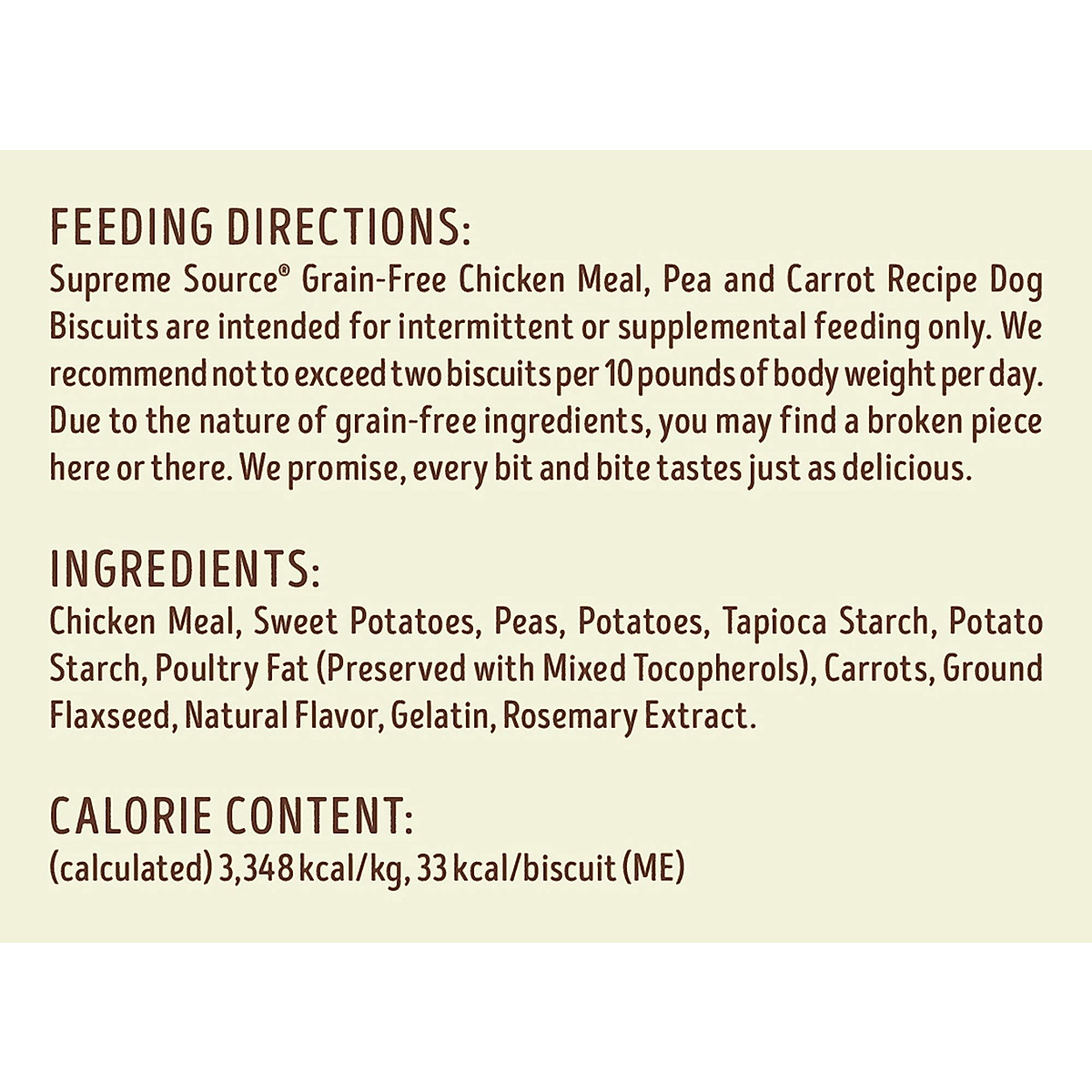 Supreme Source Grain Free Protein Dog Biscuits, Chicken, Pea & Carrot Recipe, 1 Pound Bag