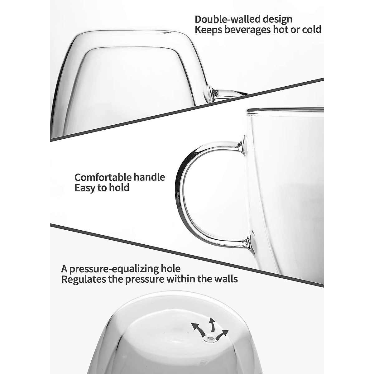 Kanwone Glass Coffee Mugs - 12.5 Ounce Double Wall Insulated Mug Set with Handle, Clear Coffee Mugs, Perfect for Latte, Americano, Cappuccinos, Tea Bag, Beverage, Set of 4