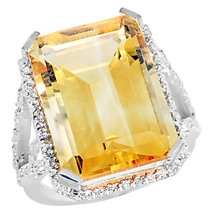 10K White Gold Diamond Natural Citrine Ring Emerald-cut 18x13mm, size 8