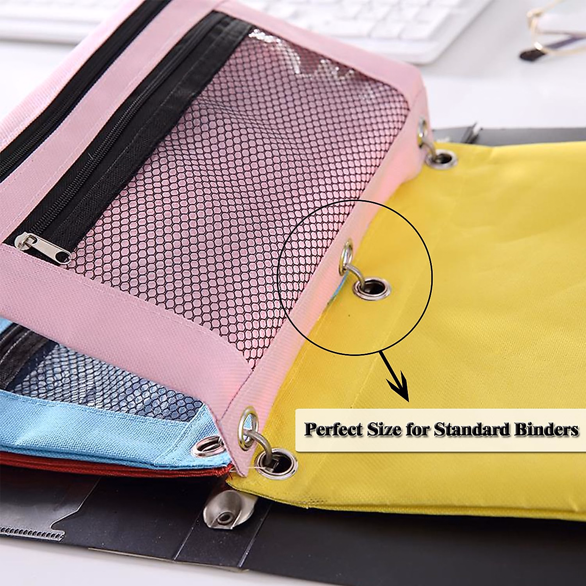 SORDIM 3 Ring Binder Pencil Pouch, 2 Pack Pencil Pouches with Zipper-Pencil Case with Double Pocket and Mesh Window (pink and grey)
