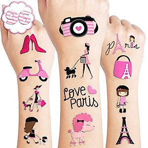 Paris Temporary Tattoos for Kids - Themed Eiffel Tower, Girl Birthday Party Decorations Supplies 96PCS Tattoos Stickers Cute Party Favors Girls Boys Gifts Classroom School Prizes Themed Christmas Pink