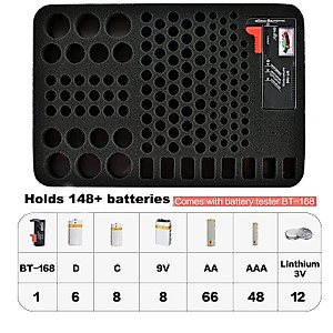 Comecase Hard Battery Organizer Storage Box, Carrying Case Bag Holder - Holds 148 Batteries AA AAA C D 9V - with Battery Tester BT-168 (Batteries are Not Included)