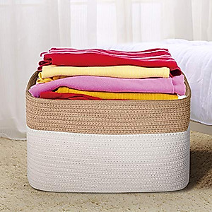 ANMINY 3PCS Woven Cotton Rope Storage Baskets with Handles Large Washable Basket Set Decorative Storage Bins Boxes Blanket Clothes Towel Laundry Organizer Containers - White/Brown