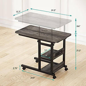 Height Adjustable End Table with Charging Station, Mobile C Shaped Laptop Side Table with Wheels, 3-Tier Sofa Couch Table with Storage Shelve for Living Room Bedroom, Grey Oak