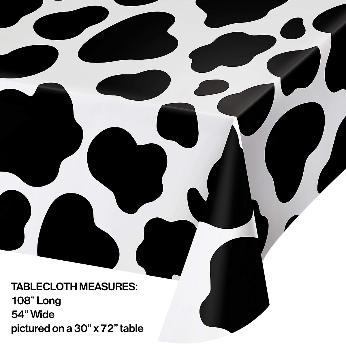 Creative Converting Cow Print Plastic Tablecover,54" x 108", 54 x 108, Black and White