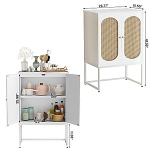 Lamerge Rattan Cabinet,2 Door Sideboard Buffet Cupboard Accent High Cabinet with Natural Rattan,Free Standing Bookmatch,Adjustable Shelves,Easy Assembly,White (LRC-W)