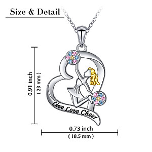 Gift for Cheering Teams, 925 Sterling Silver Engraved Live Love Cheer Up Cheerleader Girl in Heart Pendant Necklace Good Luck Gift for Women Daughter, 18 inch
