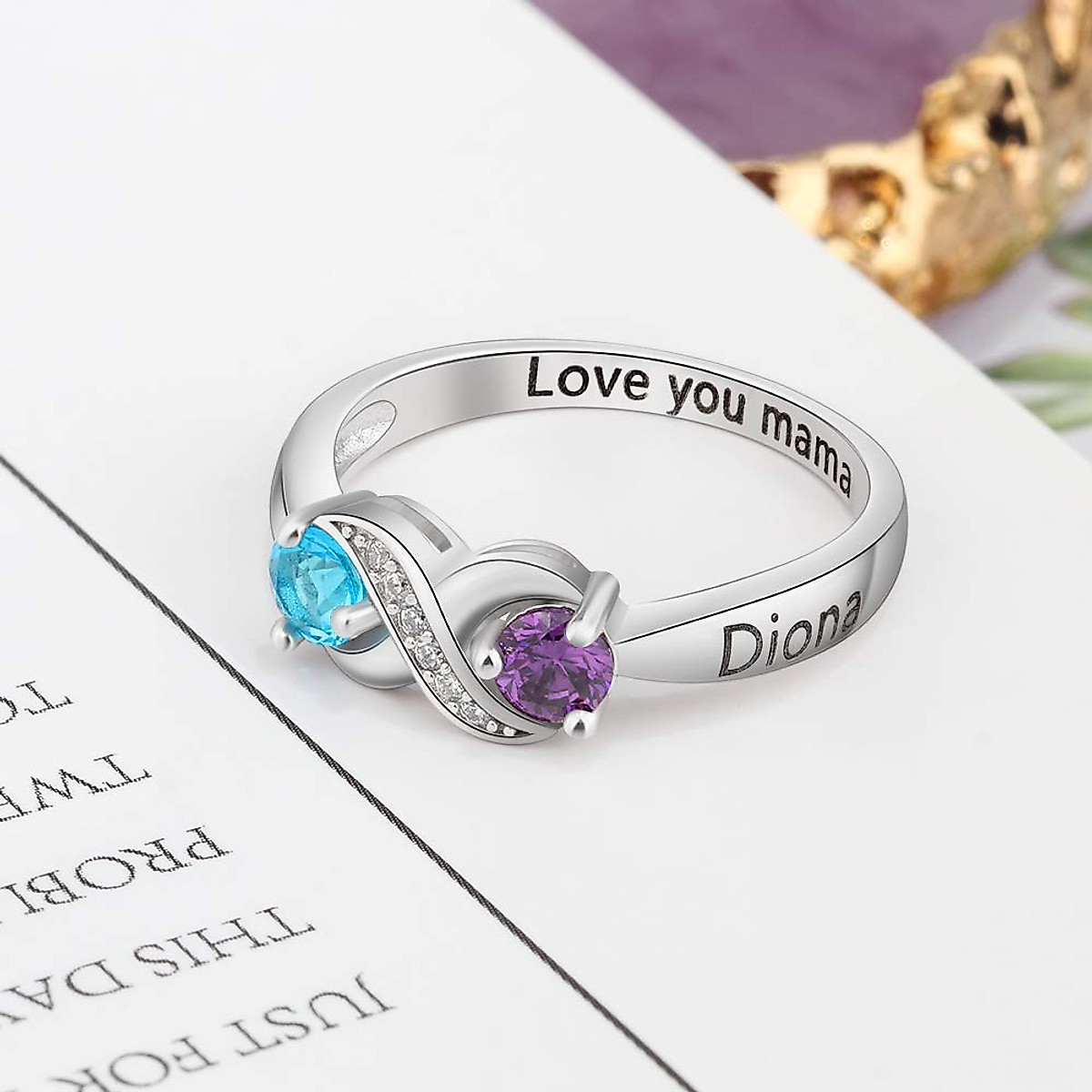 Personalized Infinity Mothers Ring with 2 Round Simulated Birthstones Engagement Promise Rings for Women (5)