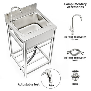 ROOMTEC 304 Stainless Steel Single Bowl Utility Sink Set, Commercial Restaurant Kitchen Sink, Outdoor Sink with Workbench & Storage Shelve with Hot and Cold Water Pipes (22 in)