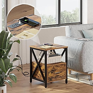 Rolanstar End Table with Wireless Charging Station, Nightstand with Power Outlet & USB Ports, Farmhouse Side Table with Drawer Storage Shelf for Living Room, Bedroom, Rustic Brown