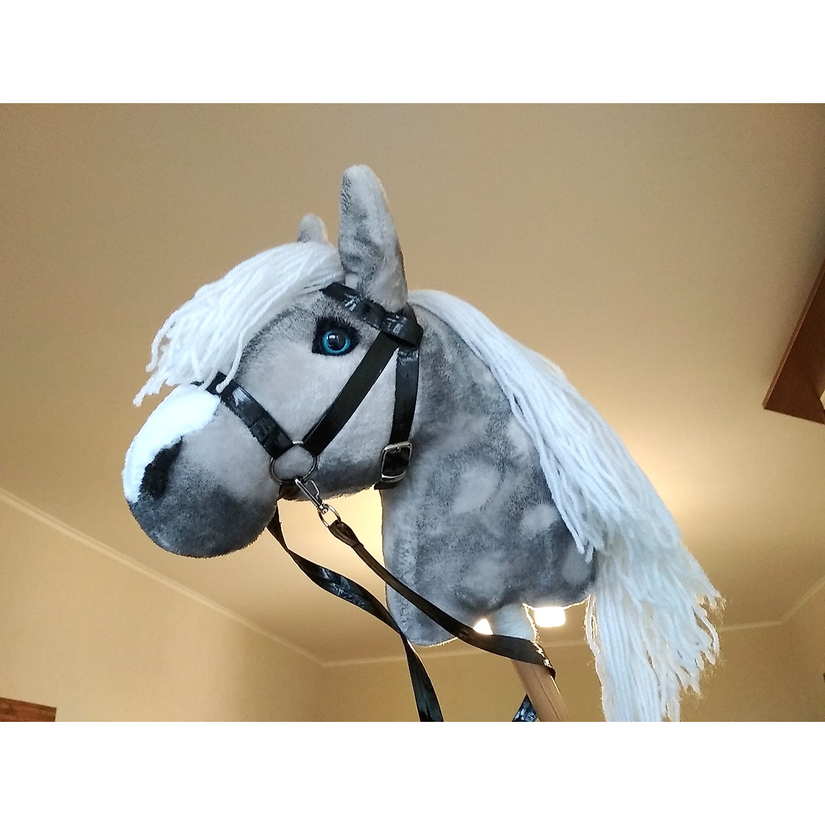 Gray stick hobby horse A4 Realistic plush handmade toy horse with bridle