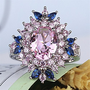 PAMTIER Women's Stainless Steel Pink Flower Ring with Zircon Gemstone Size 7
