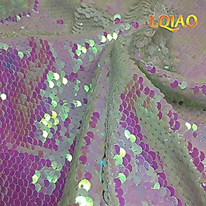 LQIAO 1Y Sequin Fabric Iridescent Pink White Sparkly Reversible Sequin Fabric for Sewing Mermaid Flip Up Large Sequin Fabric by The Yard Drawer/Cube/Tablecloth/Home/Dress/Fans DIY