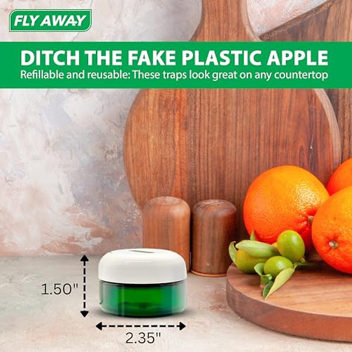 Fly Away - Fruit Fly Trap Kit: 3 Reusable Traps & Liquid Lure. Fast Acting. Stylish Design, Perfect for Kitchens, Bars, Restaurants, Wineries. Catch Fruit Flies for 90+ Days. Indoor Use