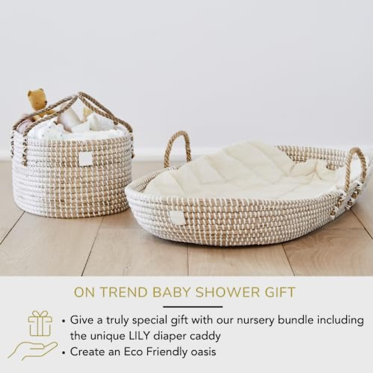 BEBE BASK - Organic Seagrass Baby Changing Basket with Pad - Handmade Baby Moses Basket - Luxury Leaf Liner - Bamboo Jacquard Cover - Vegan Baby Changing Mat - Baby Changing Pad - 30 x 16 x 4 inches