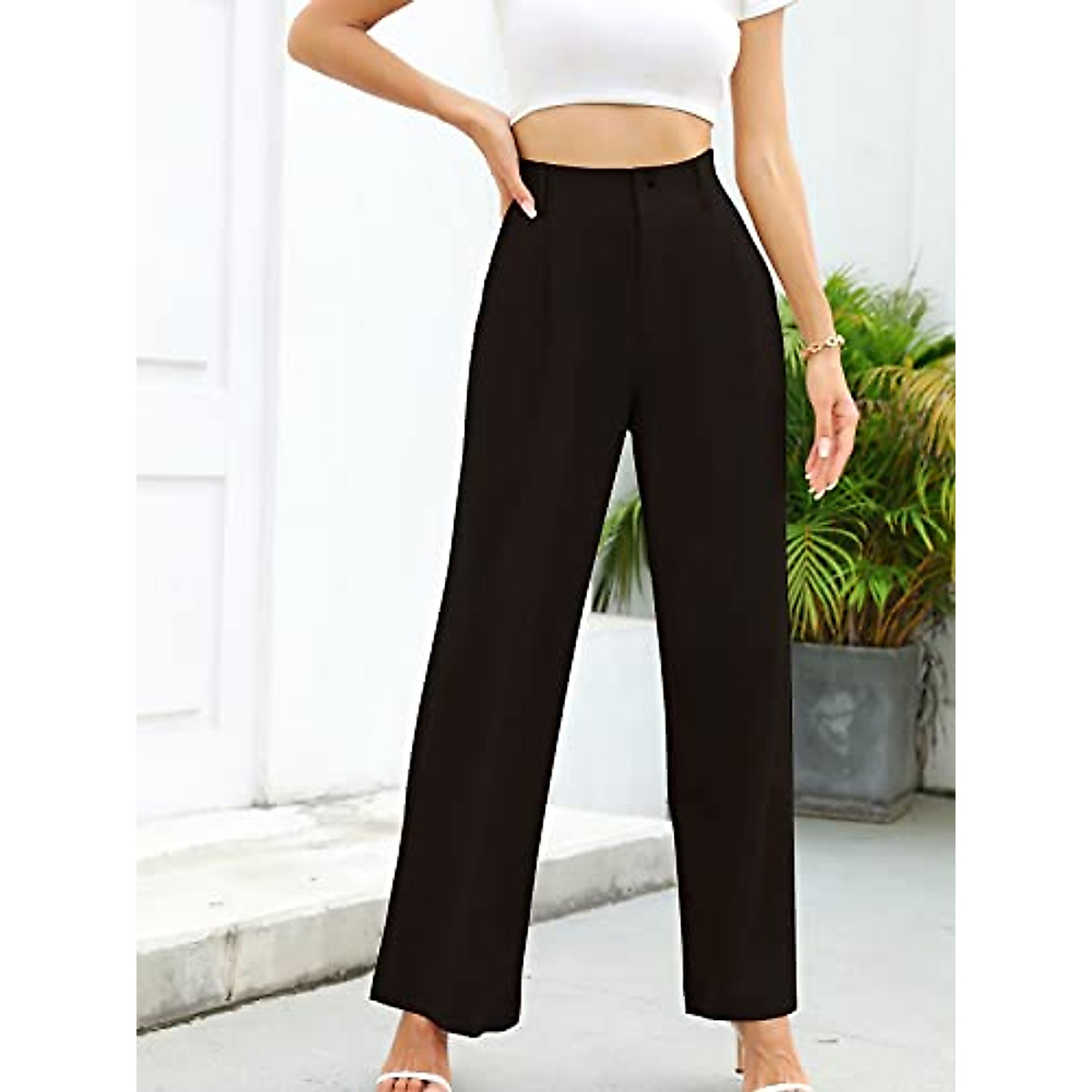 Skrfez Women's Wide Leg Work Pants with Pockets Black X-Large Professional High Elastic Waisted Slacks Long Business Straight Suit Pant Office Trousers
