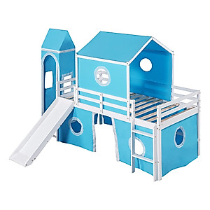 Bellemave Low Loft Bed with Slide and Curtains Twin Over Twin Floor Bunk Bed with House Shape Tent and Tower, Wood Castle Style Loft Beds for Kids Boys Girls, Blue